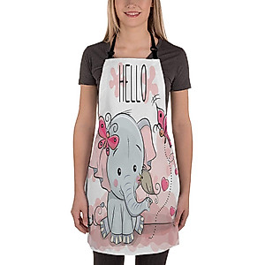 Moslion Elephant Apron 31x27 Inch Cute Animals Bird Butterfly Word Hello Flowers Kitchen Chef Waitress Cook Aprons Bib with Adjustable Neck for Women Men Girls Pink Grey