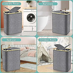 Double Laundry Hamper with Lid, Hampers for Laundry 2 Compartment Divided Laundry Hamper with 2 Removable Bags, Laundry Basket 2 Section Foldable Clothes Basket with Handles,130L