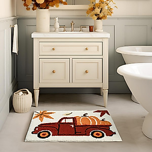 FOFARY Fall Bathroom Rug Orange Bath Mats Non Slip Funny Bathroom Decor Truck Pumpkin Autumn Maple Leaves Washable Bath Mats for Bathroom Entryway Shower 20"x32"