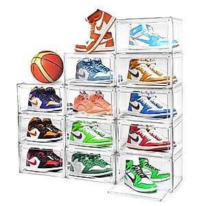 EDS FAM 10 Pack Shoe Storage Box Clear Plastic Crates Stackable Acrylic with Magnetic Door Storage for Sneakerheads Boot Display Case