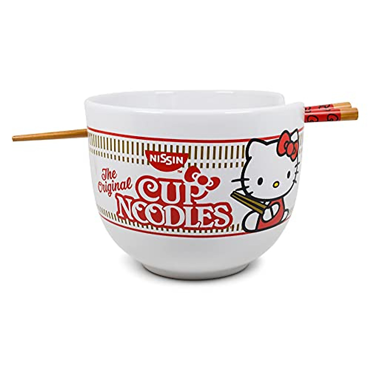 Hello Kitty Cup Noodles Japanese Ceramic Dinnerware Set | Includes 20-Ounce Ramen Bowl and Wooden Chopsticks | Asian Food Dish Set For Home Kitchen | Kawaii Anime Gifts, Official Sanrio Collectible
