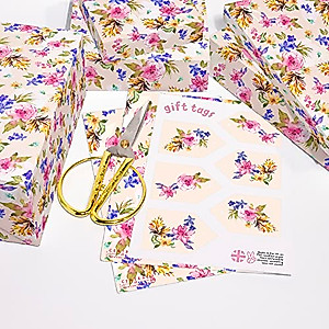 CENTRAL 23 Pretty Wrapping Paper For Women - 6 Thick Gift Wrap Sheet - Floral Wrapping Paper - Pink Purple Flowers - For Birthday Bridal Shower Anniversary - Comes With Fun Stickers