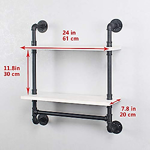 Industrial Pipe Bathroom Shelves 2-Tier Wall Mounted,24" Rustic Wall Shelf with Bath Towel Bars,Farmhouse Towel Rack,Metal & Wooden Floating Shelves,Over The Toilet Storage Shelf,White & Black