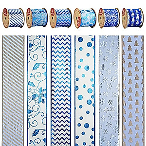 MEEDEE Christmas Ribbon 2.5 Inch 6 Rolls 36 Yards Royal Blue Wired Ribbon Bulk Silver Blue Christmas Tree Decoration Ribbon Perfect for Gift Wrapping Tree Garland Topper Swag Wreath Bow Lantern Decor