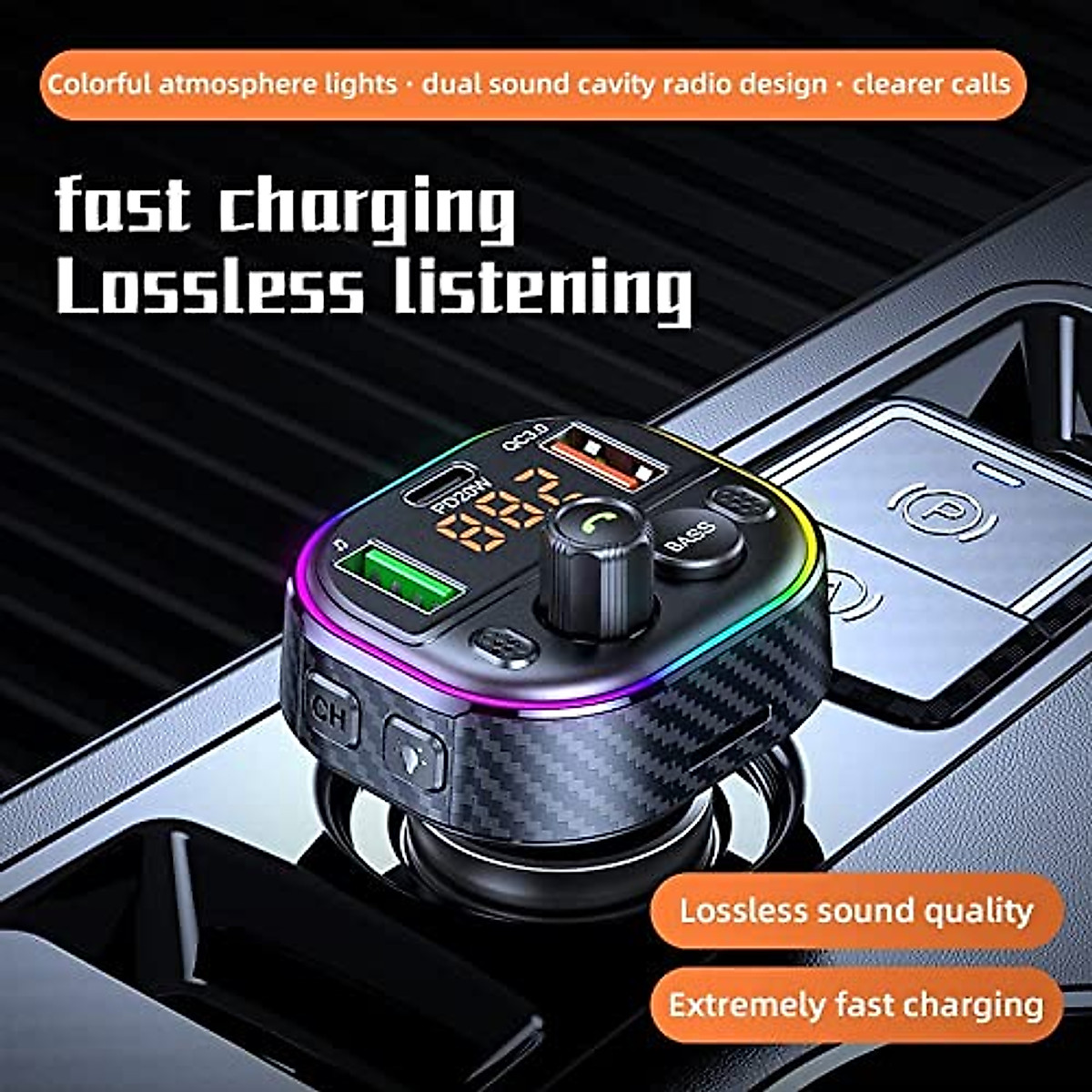 Bluetooth 5.1 FM Transmitter for Car, Bluetooth Car Adapter with PD20W+QC3.0 Car Radio Music Adapter, Supports Handsfree Call Siri Google Assistant, SD Card/U Disk, 7 Color LED Backlit, LED Voltmeter