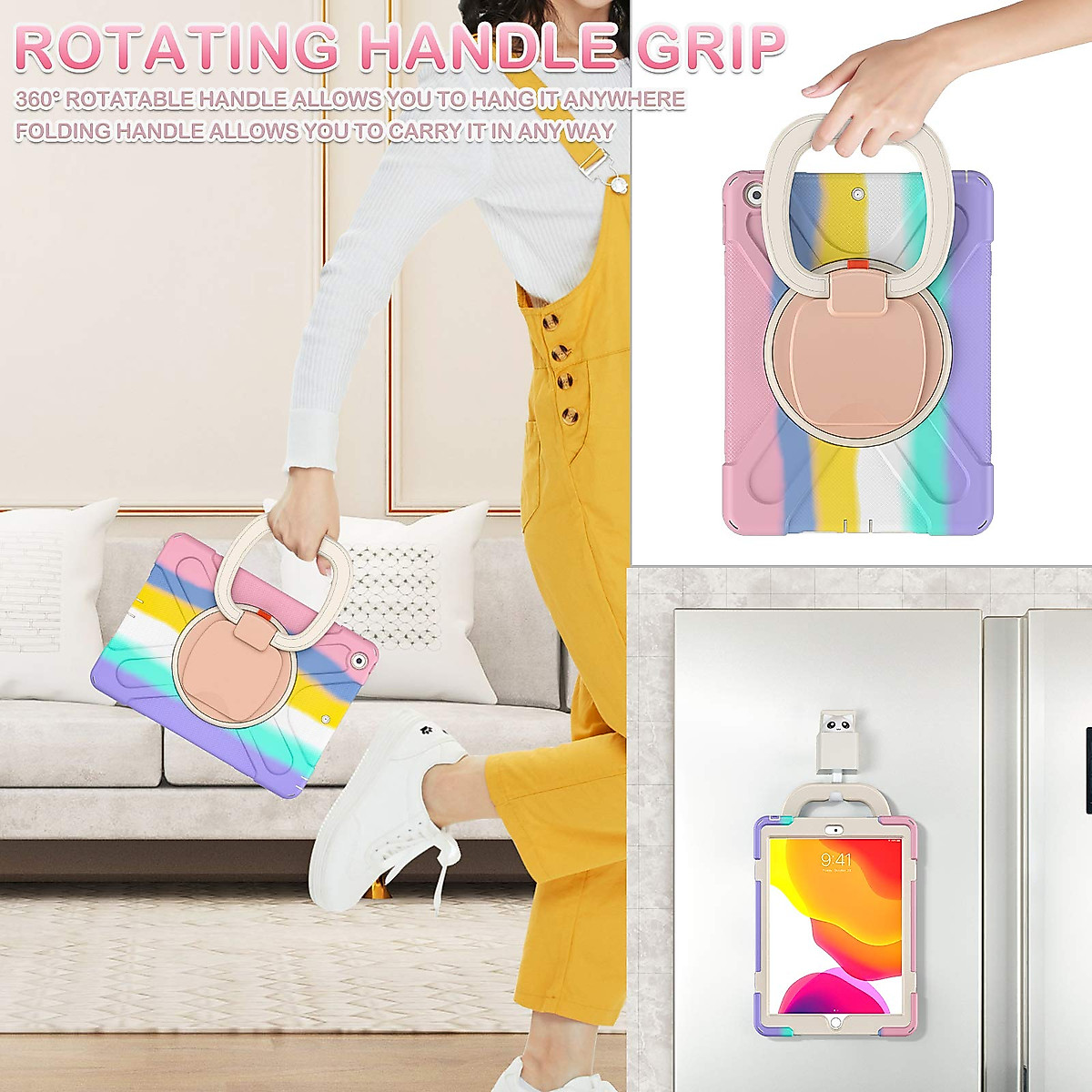 BATYUE for iPad 9th/ 8th/ 7th Generation Case (iPad 10.2 inch Rugged Case 2021/2020/2019) with Screen Protector, Rotating Stand/Pencil Holder/Carrying Shoulder Strap (Colourful Pink)