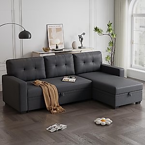 Jintop 82" L-Shape Convertible Sleeper Sectional Sofa with Storage Chaise and Pull-Out Bed,Upholstered Reversible Corner 3 Seater Couch with Button Tufted Backrest & Armrest,for Living Room,Dark Gray