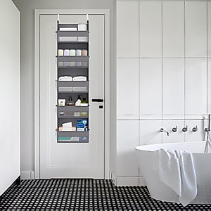 Fixwal Over The Door Hanging Organizer 5 Shelf Bathroom Organizers and Storage with 2 Large Metal Hooks and 12 Pockets for Bedroom, Living Room, Baby Nursery, Bathroom, Kitchen (Grey)