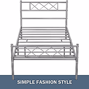 Topeakmart Wrought Iron Twin Bed Frame,Metal Silver Platform with Headboard and Footboard,Mattress Foundation,No Box Spring Needed,Strong Slat Support