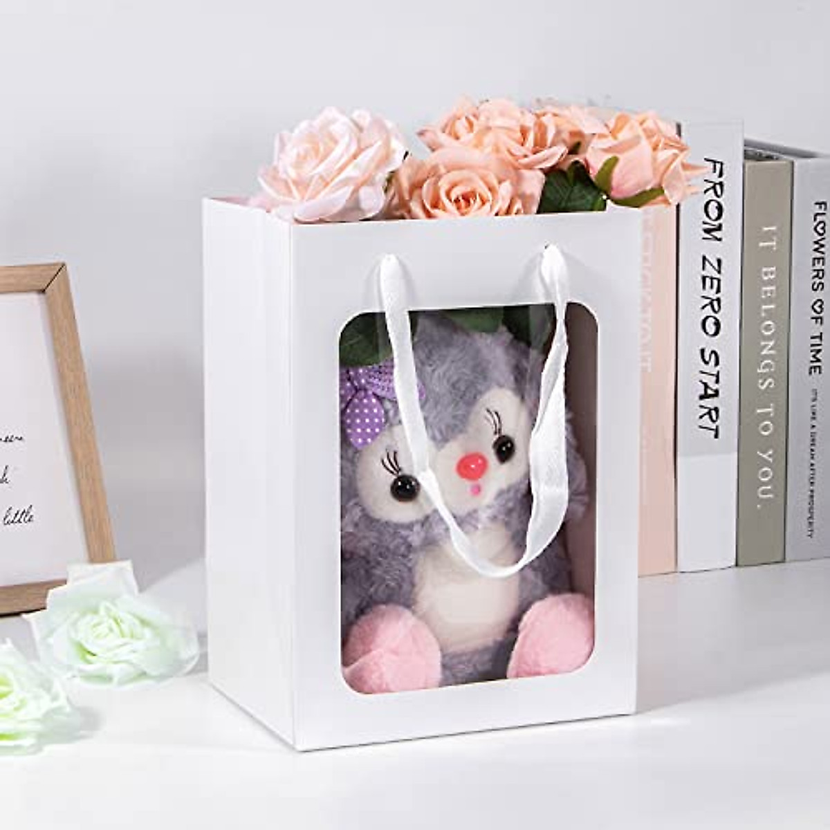 Sdootjewelry Gift Bag with Window, 10pcs White Paper Tote with Transparent Window, 9.8" x 5.1" x 7.0"Transparent Bouquet Gift Bags With Handle, Kraft Paper Gift Bags with Transparent Window