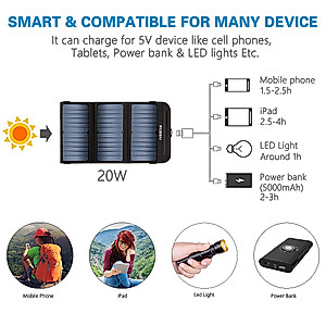 ECEEN Portable Solar Charger, 20W Solar Panel Charger for Cell Phone with Dual USB Output Waterproof Foldable Camping Solar Pnaels Survival Emergnecy Kit for Tablet GPS iPhone Camera & USB Devices