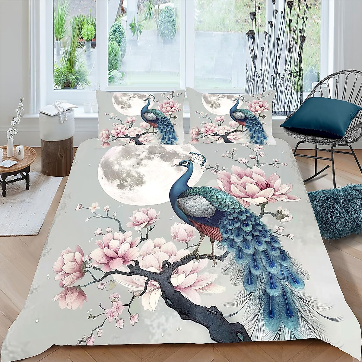 CCoutueChen Blue Peacock Duvet Cover Set King Size Orchid Floral Comforter Bedding Set Elegant Botanical Flower Duvet Covers for Girls Women Adults Animal Feathers Duvet Cover with 2 Pillowcases