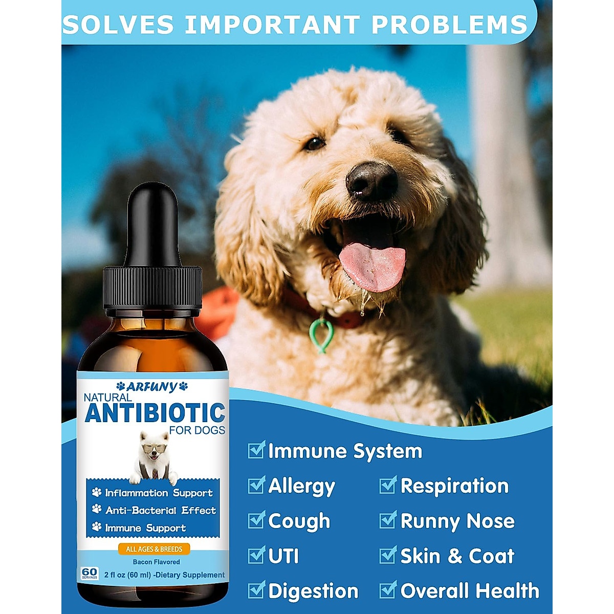 Natural Antibiotics for Dogs | 60ML Dog Antibiotic Drops | Dog Itchy Skin Relief | Dog Allergy Relief | Dog Immune Support | Dog Antibiotics for Skin Infection | Organic Natural Ingredients | Bacon