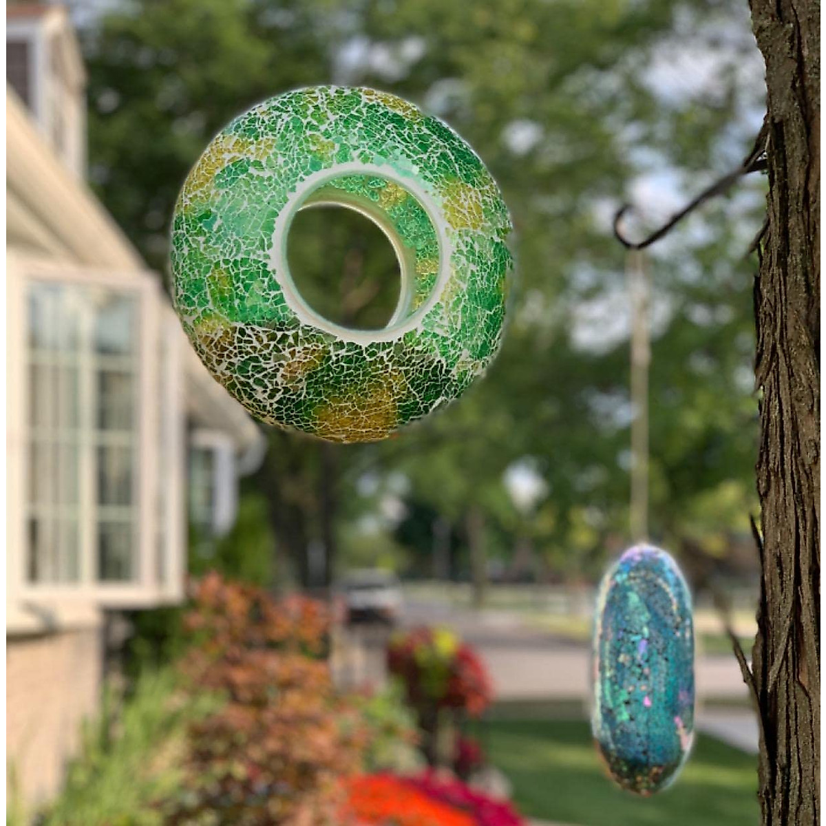 Bird Feeder,Wild Bird Feeders for Outside,Hanging Bird Feeder,Circle Glass Birdfeeder, Bird Feeders for Garden Yard Decoration, Green Circle