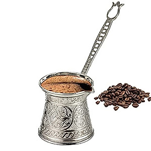 Turkish Coffee Pot, Moka Pot, Espresso Maker for the Stove Top, Camping Coffee Pot, Handmade Greek Arabic Coffee Warmer Cezve with Brass Handle, Stainless Steel Inside (Small 8 oz, Silver)