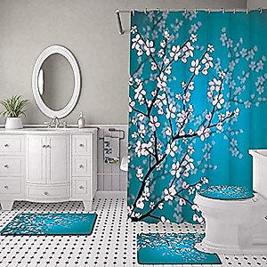 4Pcs Cherry Blossom Shower Curtain Set with Non-Slip Rugs and Toilet Lid Cover Pink Sakura Floral Blossom Teal Bath Curtains Plum Tree Bathroom Decor