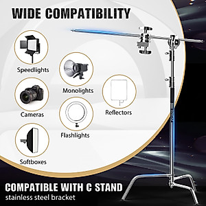 LOMTAP C Stand Light Stand Stainless Metal Photography Kit - Heavy Duty 6.8ft/210cm Vertical Pole, 2.8ft/87cm Boom Arm, Adjustable Base, Water Sandbag, 2 Grip Heads, 3 Clips for Softbox, Reflector