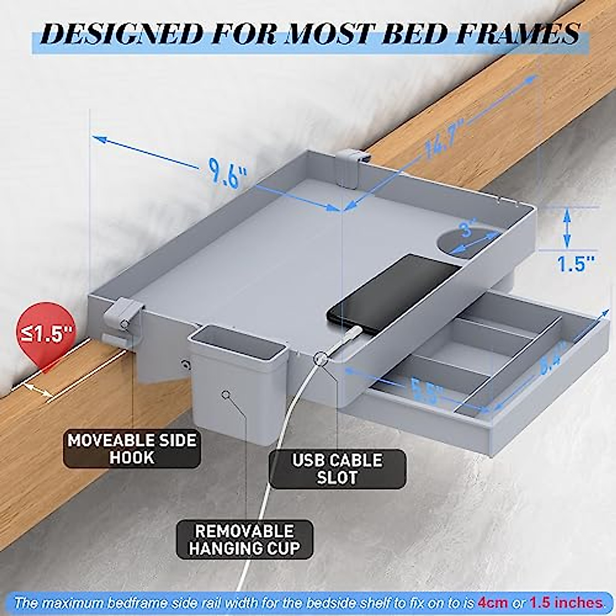 Ronlap Folding Bedside Shelf, Bunk Bed Shelf Organizer for Top Bunk Clip On Nightstand Plastic Bedside Shelf Tray for College Dorm Kids with Cupholder Hooks Hanging Cup, Small Size with Drawer, Grey