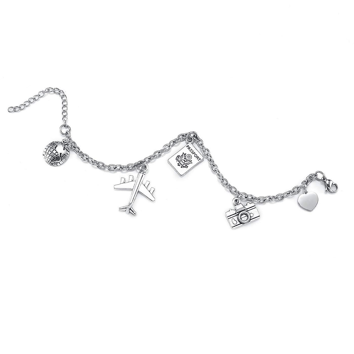 BOPREINA Travel Gifts Bracelet Passport Airplane Earth Heart Camera Charm Bracelets Stainless Steel Link Chain for Men Women Inspiration Jewelry for Travel Graduation Gift