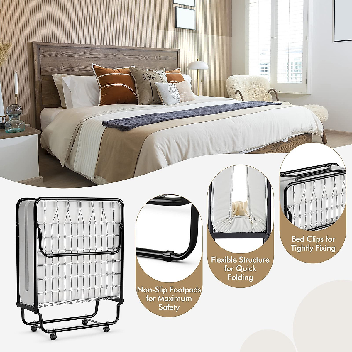 HAPPYGRILL Folding Bed with Mattress for Adults, Rollaway Bed W/Memory Foam Mattress, 4 Universal Wheels, Sturdy Steel Frame, Potable Fold Up Bed for Living Home Bed Room Office,Made in Italy