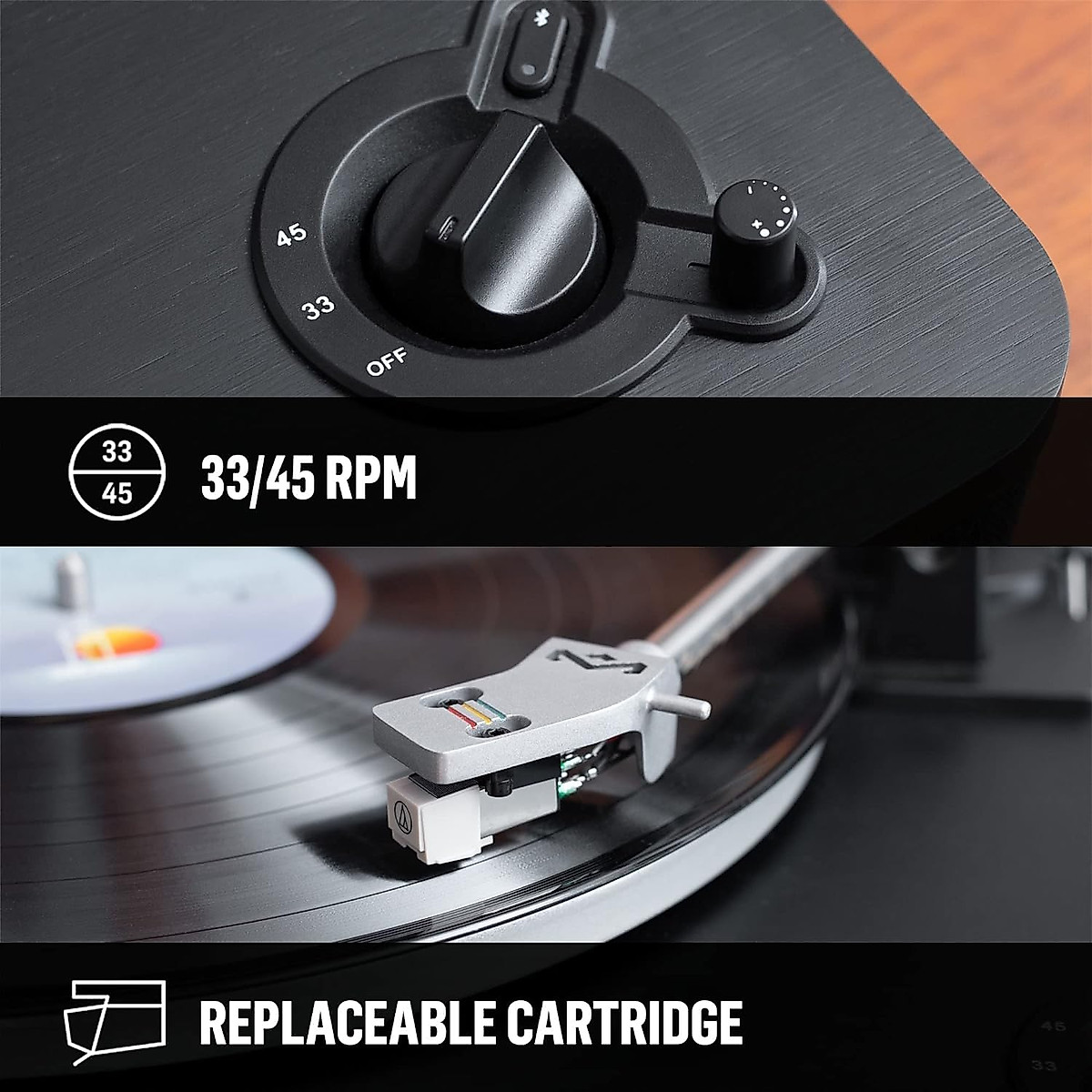 House of Marley Stir It Up Wireless Bluetooth Turntable - Sustainably Crafted Bamboo Record Player, Recycled Rewind Fabric, Superior Sound, Black