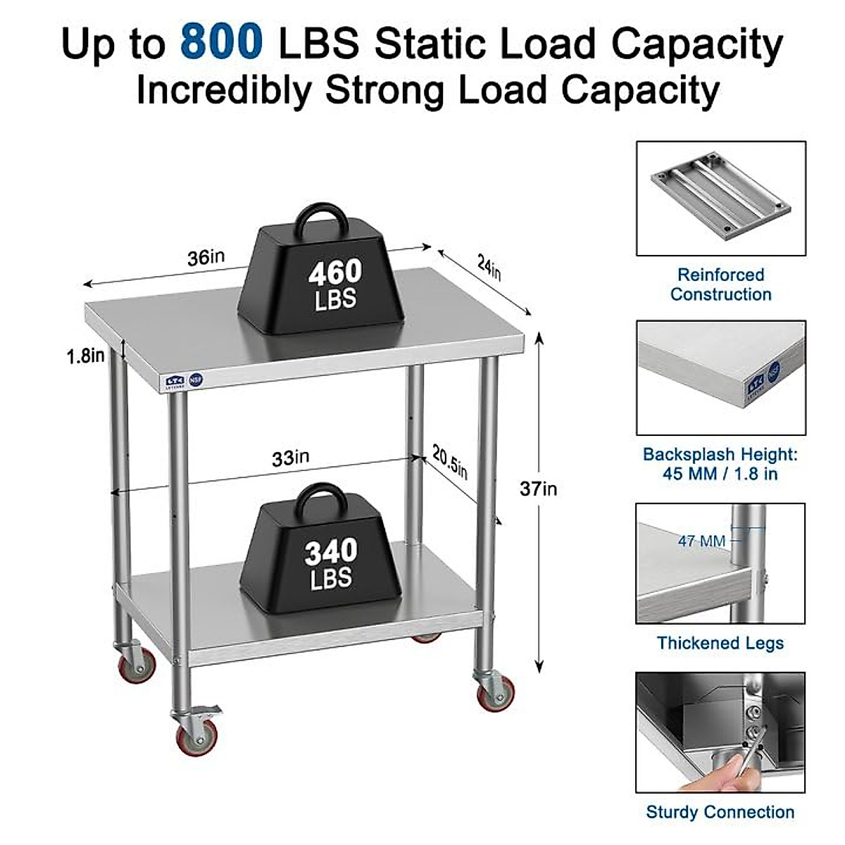 Leteuke Stainless Steel Prep Table, NSF Metal Work Table, SUS201 Commercial Heavy Duty Table with Adjustable Undershelf, Food Prep Table with Wheels for Restaurant Kitchen - 36" x 24" x 37"