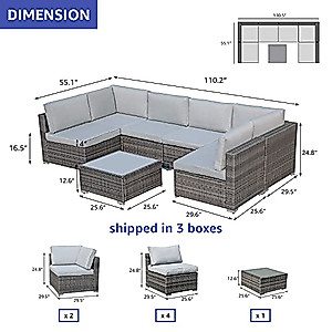 Patiorama 7 Pieces Outdoor Patio Furniture Set, All Weather Grey PE Wicker Rattan Sectional Conversation Set, Porch Garden W/Built-in Glass Table, Seat Clips, Light Grey Cushions