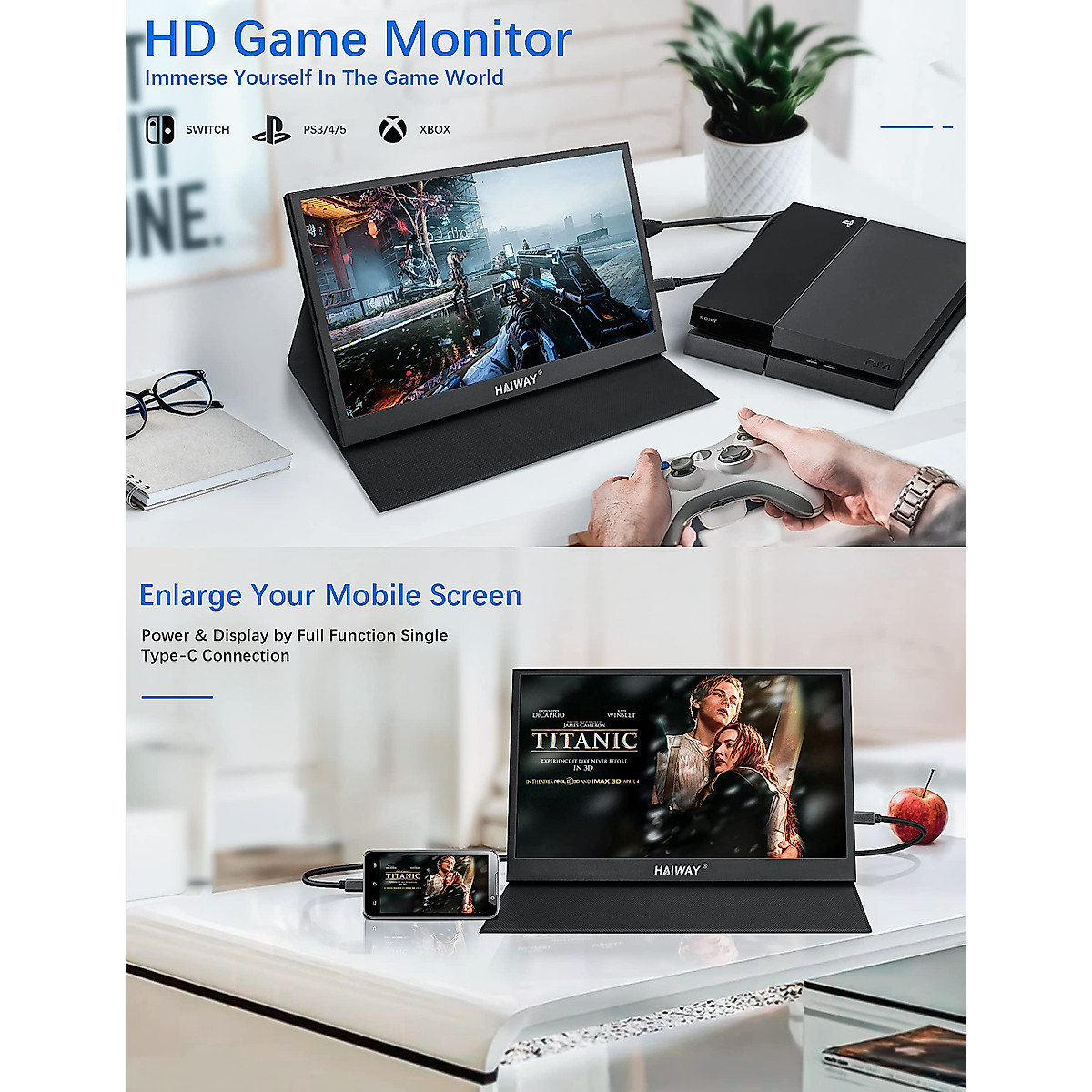 Haiway Portable Monitor, Laptop Monitor 14 inch 1366x768 RES, Ultra Slim Second External Monitor USB C HDMI Gaming Travel Monitor for Laptop Desktop Mac Phone PS4 Xbox Switch with Protective Cover