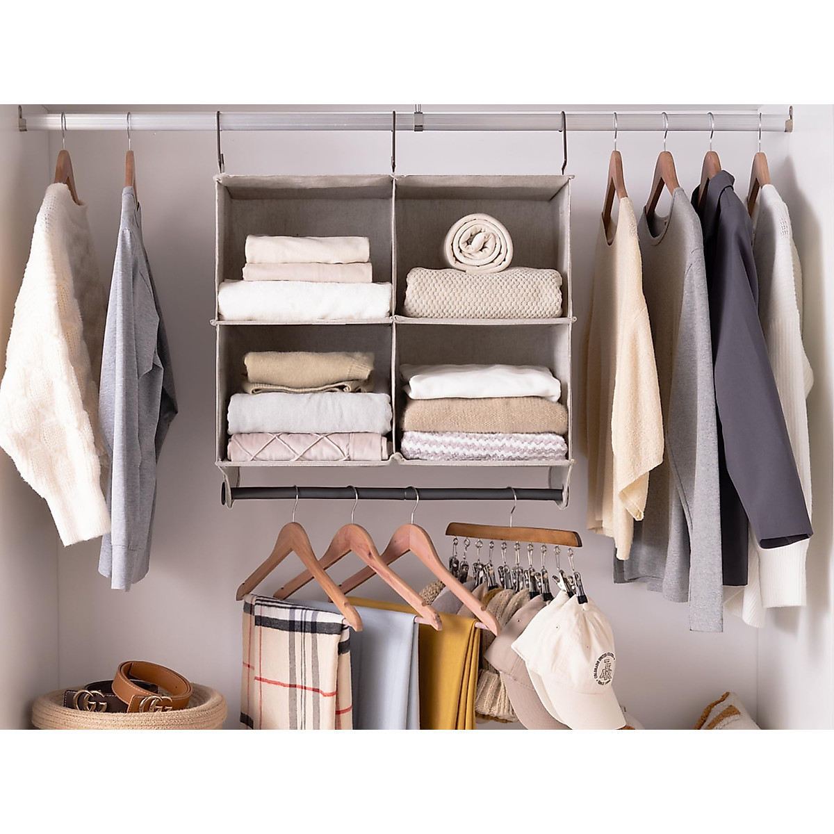 StorageWorks Hanging Closet Organizer with Garment Rod, 4 Section Closet Hanging Shelves, Hanging Clothes Cube Organizer, Mixing of Brown & Beige, 12 ¼" D x 24 ½" W x 28" H