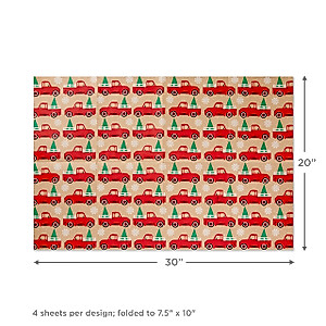 Hallmark Recyclable Kraft Christmas Flat Wrapping Paper Sheets with Cutlines on Reverse (12 Folded Sheets with Sticker Gift Tags) Rustic Red Trucks, White Snowflakes, "Merry Christmas" Lettering