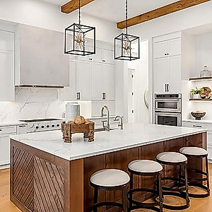 GEPOW Modern Black and Gold Chandeliers, 4 Lights Square Hanging Pendant Light Fixture with Starburst Design for Dining Room, Kitchen, Bedroom, Foyer and Living Room