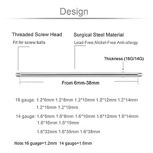 COTTVOTT 20pcs a Set Surgical Steel Threaded Barbell Bar Replacement for Tongue Earring Piercing Body Jewelry (Mix 20pcs)