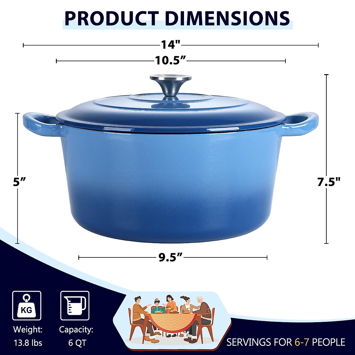 E-far 6 Quart Enameled Cast Iron Dutch Oven with Lid, Round Dutch Oven Pot Nonstick Cookware for Braising, Stews, Roasting, Bread Baking, Cooking, Heavy Duty, Induction & Oven Safe - Blue