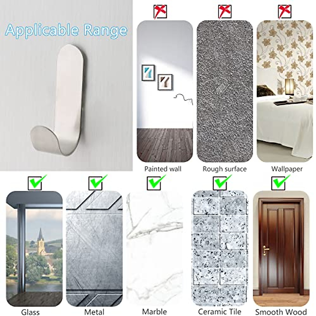 Zorveiio 24 Pcs Self Adhesive Hooks Heavy Duty, 304 Stainless Steel Hooks Razor Holder Wall Hooks Bath Towel Hook Hanging Hooks for Towels Robe Coat Hats Shower Bathroom Kitchen - Brushed Nickel