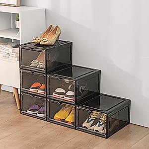 DEZENE Clear Stackable Shoe Storage Boxes: 6 Pack Balck Large Sturdy Plastic Shoe Organizer Containers for Closet, Drop Front Shoe Bins for Display Sneakers, Fit Shoe Size Up to US Men 12