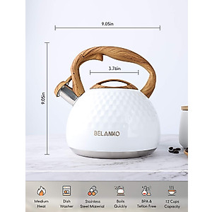 Tea Kettle, 2.7 Quart / 3 Liter BELANKO Stainless Steel Tea Kettles for Stove Top, Food Grade Teapot with Wood Pattern Handle Loud Whistling for Coffee, Milk etc, Gas Electric Applicable - Gloss White