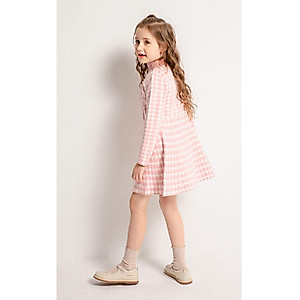SMILING PINKER Girls Dresses Houndstooth Knitted Sweater Flare Winter Dress Mock Neck (Pink, 8-9 Years)