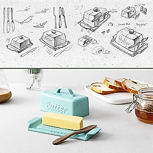 DOWAN Butter Dish with Lid and Knife, Butter Dish with Cutting Measurements and Humanized Knife Handle for East West Coast Butter, Ceramic Butter Dish with Lid for Countertop, Turquoise
