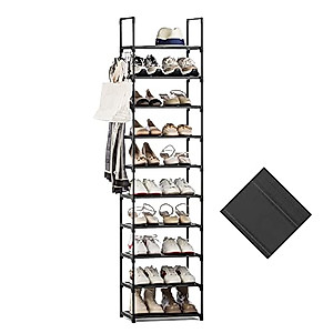 HODYANN 10 Tiers Shoe Rack, 20 Pairs Narrow Shoe Rack Organizer, Space Saving Non-Woven Fabric Metal Shoe Shelf, Stackable Large Shoe Rack for Closet (Black with Hook)