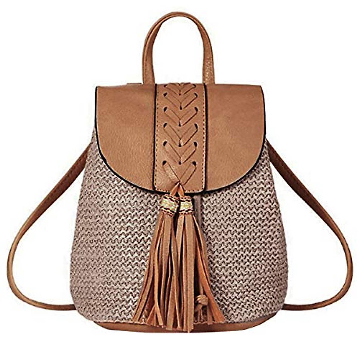 Meyaus Women Small Braid Tassels Straw Woven Backpack PU Leather Flap Drawstring Daypack Shoulder Bag