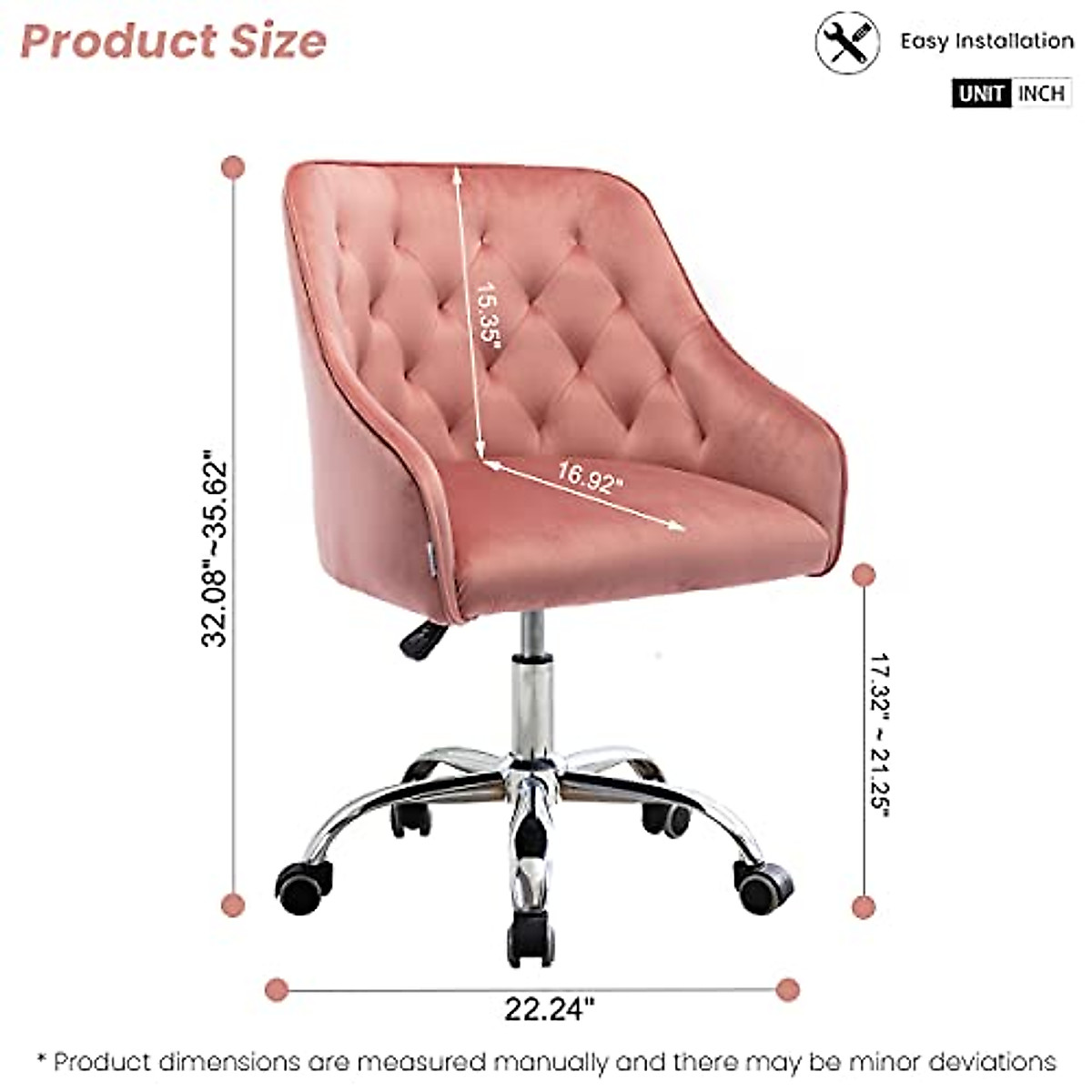 Recaceik Home Office Desk Chairs, Adjustable Swivel Ergonomic Office Chair, Soft Velvet Computer Desk Task Chairs for Home Office, Bedroom, Living Room, Study, Light Pink