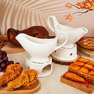 Sliner 2 Sets Gravy Boat with Stand and Candle, Ceramic Sauce Boat 15.5 oz Porcelain Sauce Boat with Butter Warmers for Seafood, White Boat Hot Sauce Warmer for Daily Meal, Party Supplies