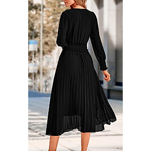PRETTYGARDEN Wrap V Neck Spring Dresses for Women 2024 Long Sleeve Smocked Wedding Guest Dresses Flowy Pleated Midi Dress (Black,X-Large)