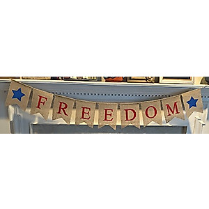 FREEDOM Burlap Patriotic Banner Bunting - 4th of July Party Decoration - Memorial Day Burlap Celebration Supplies - Honor Military Veterans Day Garland by Jolly Jon
