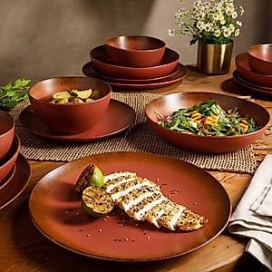 Bloomhouse - Oprah's Favorite Things - Palermo Sun Double Bowl Stoneware Reactive Glaze Plates and Bowls Dinnerware Set - Paprika Red, Service for Four (16pcs)