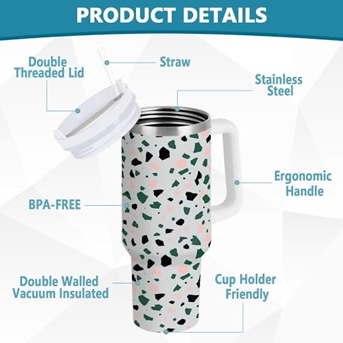 RPLIFE Trendy Terrazzo Dots Tumbler with Handle and Straw, Stainless Steel Bottle, Insulated Cups with Lids, Tumblers for Women
