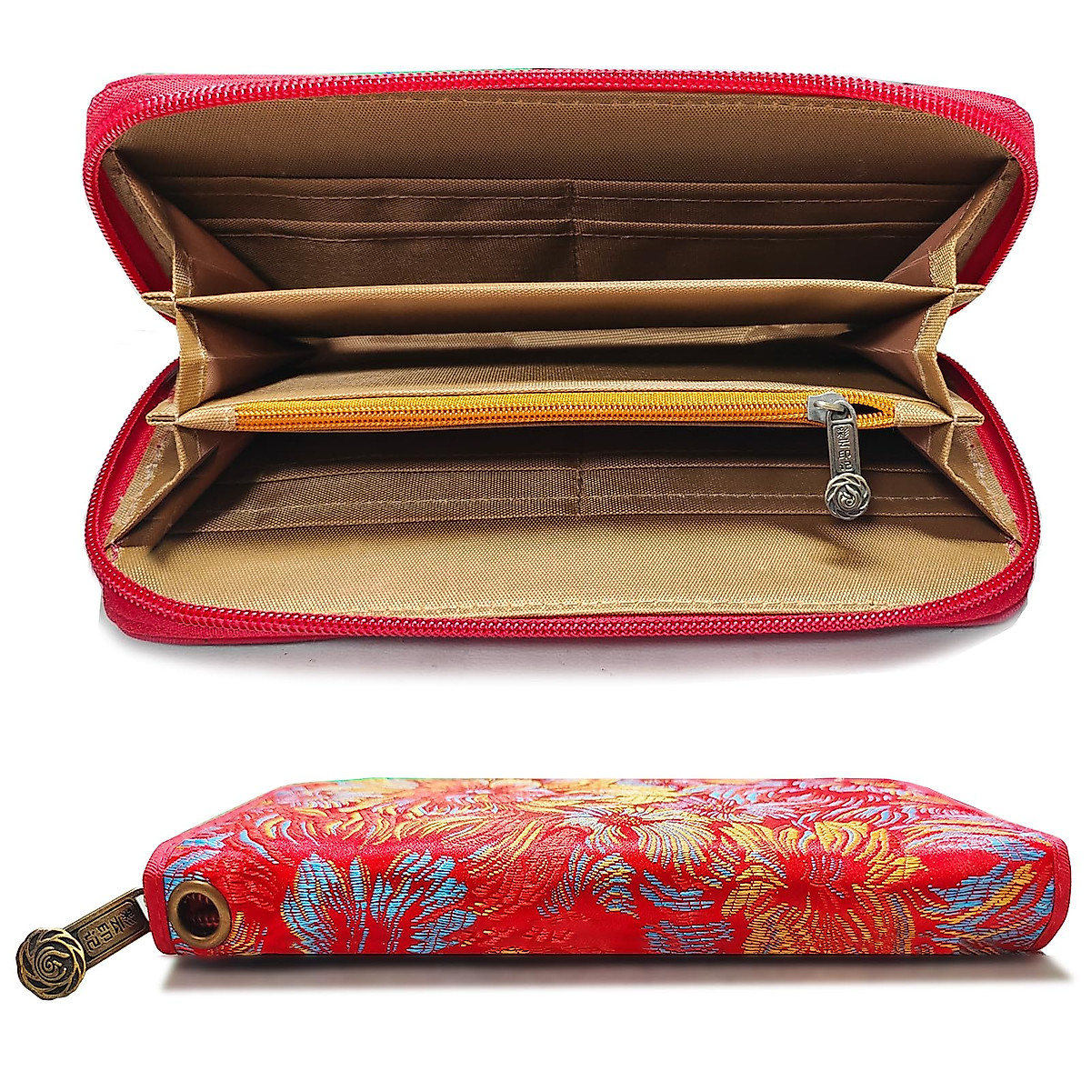 Yongkai Women's Wallet Canvas Wristlets Bag Zip Around Clutch Holder Clutch with Removable Strap Featured Embroidered Multi-card Slot Wallet(Red Flowers)