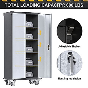 SUXXAN 71" Tall Metal Storage Cabinets with Doors and 4 Adjustable Shelves, Lockable Rolling Cabinet Silver&Black，Home Office Metal Utility Cabinet for Garage Kitchen, Assembly Required…
