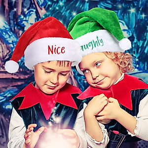 2 Pieces Naughty and Nice Plush Christmas Santa Hats Buffalo Plaid Holiday Hat for Christmas Party Supplies (Red, Green, Adult Size)