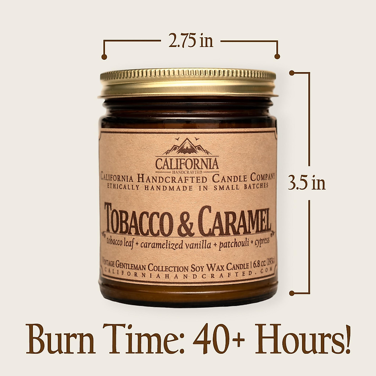 California Handcrafted Tobacco & Caramel Scented Soy Wax Candle for Men - Vintage Gentleman Collection - 9 oz Amber Glass Jar